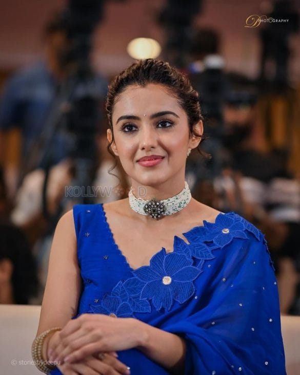 Actress Malvika Sharma In A Blue Sequin Saree At Bhimaa Thanks Meet ...