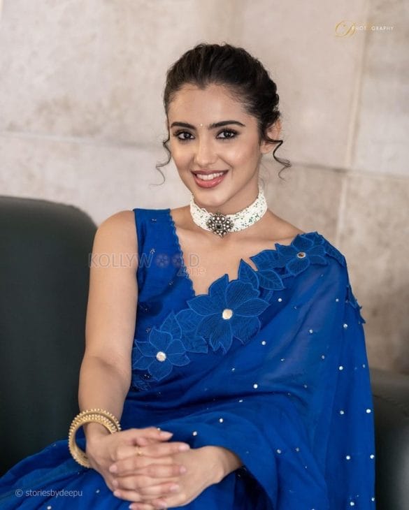 Actress Malvika Sharma In A Blue Sequin Saree At Bhimaa Thanks Meet ...