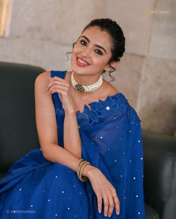 Actress Malvika Sharma In A Blue Sequin Saree At Bhimaa Thanks Meet ...