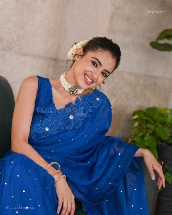 Actress Malvika Sharma In A Blue Sequin Saree At Bhimaa Thanks Meet ...