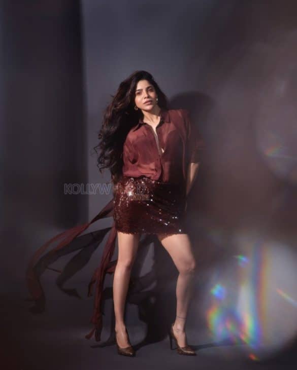 Glamorous Divya Bharathi In A Maroon Two Piece Outfit With A Button Down Shirt And Sequin Mini ...