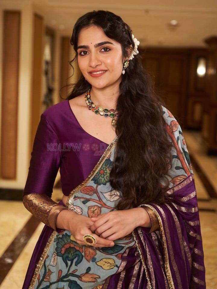 Most Admired Actress Rukmini Vasanth In A Purple Saree With Floral ...
